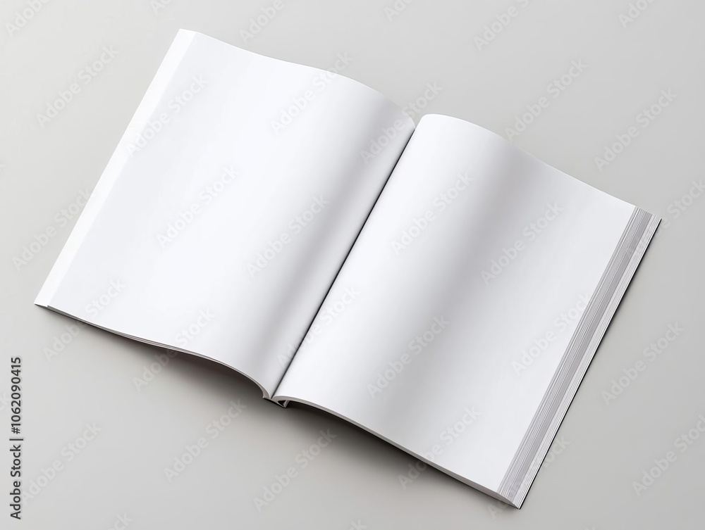 Open magazine spread with clean white pages, set at a slight angle, on ...