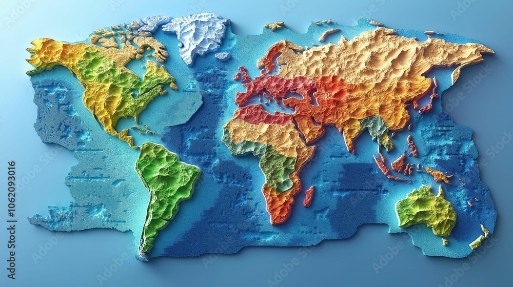 Colorful relief world map with elevation shadows on blue background ...