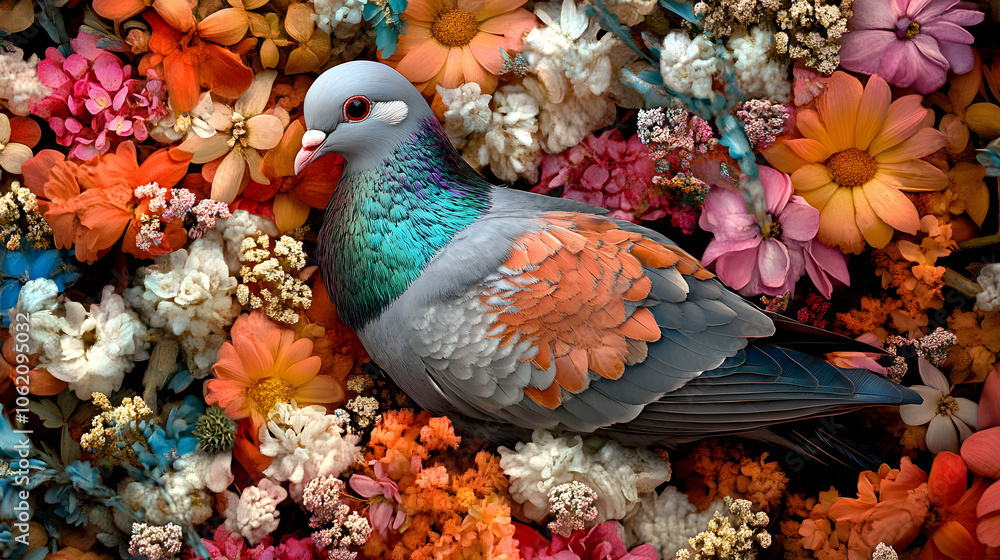 Artistic Depiction of a Syrian Dewlap Pigeon Surrounded by a Vibrant ...