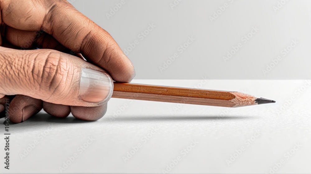 A hand holding a pencil drawing on white paper. The scene is minimalist ...