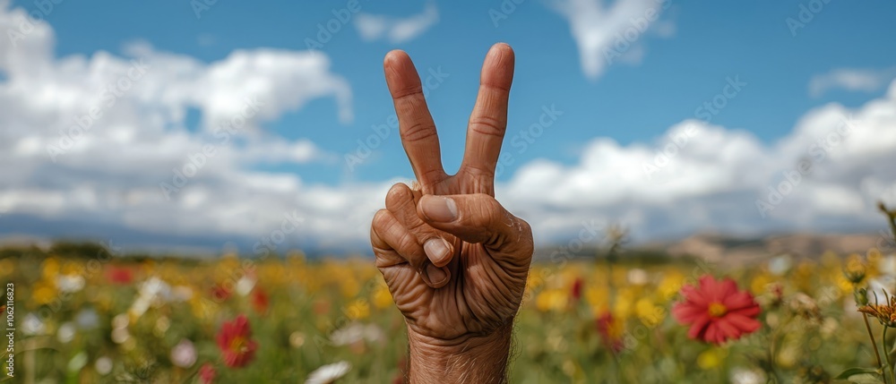 Person holding up peace sign in front of flower field and blue sky ...