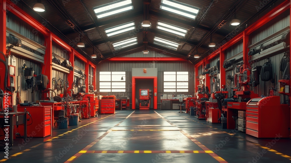 Realistic photo of inside of a red and white mechanic shop with no cars ...
