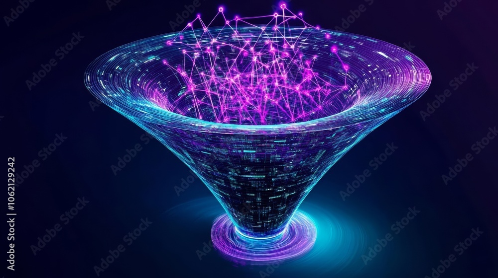 A futuristic data funnel capturing scattered digital particles ...