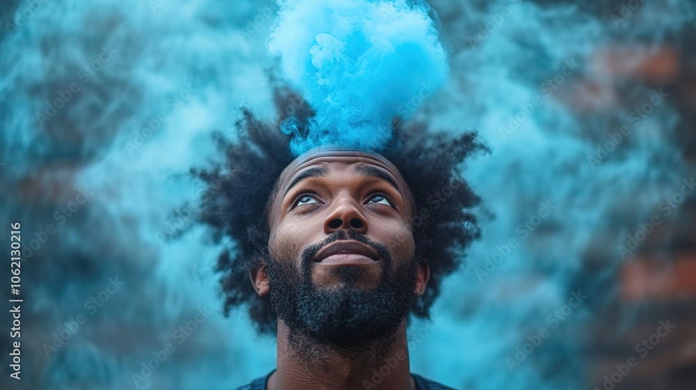 Confused black man in thought bubble with blue smoke emanating from his ...