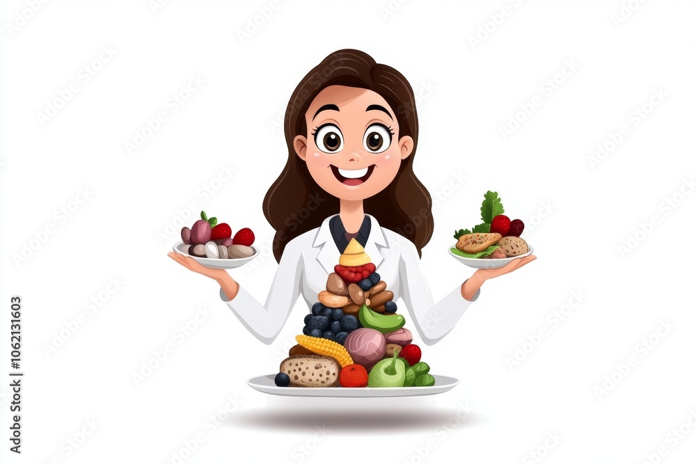 a 2D cartoon illustration of a dietitian showing a food pyramid ...