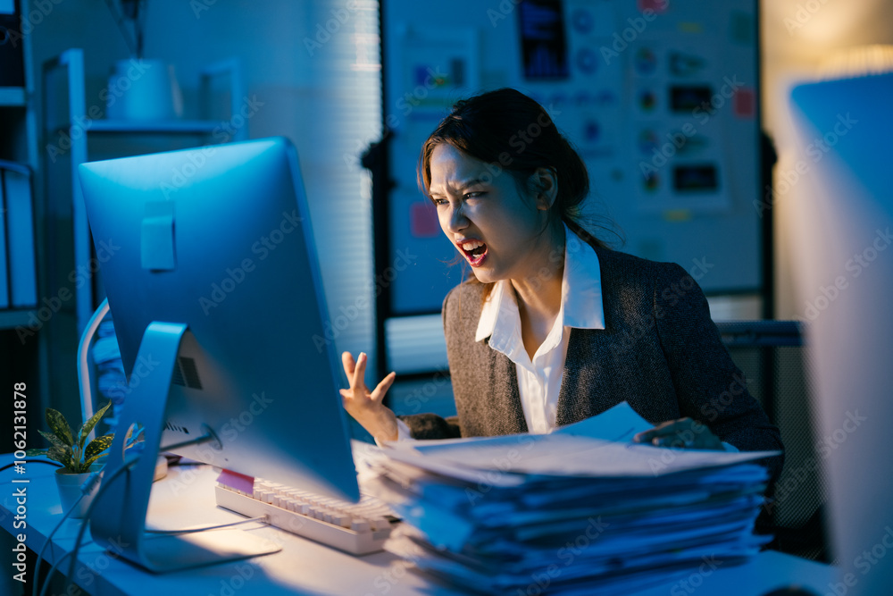 Young stressed businesswoman shouting at her computer while working ...