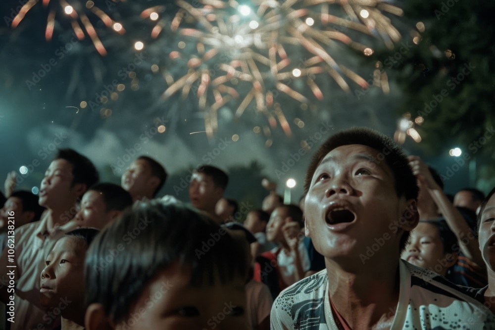 Kids are captivated by a spectacular fireworks display, eyes wide with ...