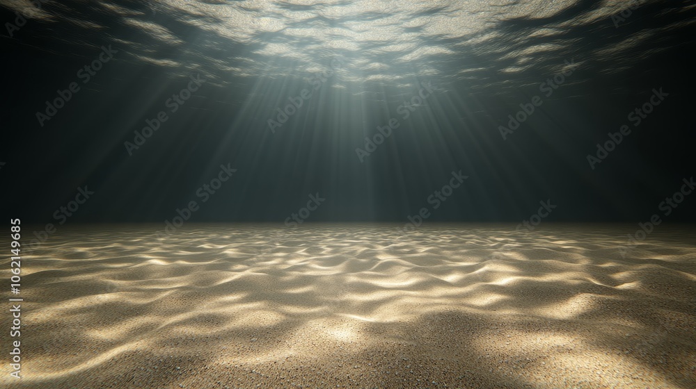 Serene ocean floor, faint light beams illuminating sand, shadows ...