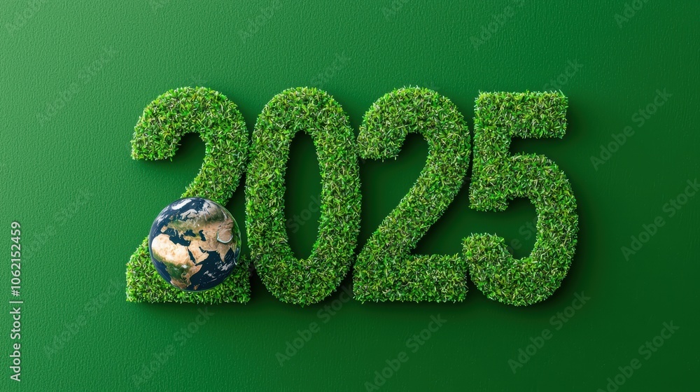 Green plant-based numbers 2025 with a globe, symbolizing a sustainable ...