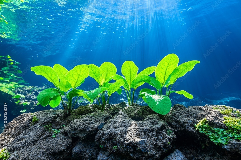 Underwater view of thriving aquatic plants in a clear pond, evidence of ...