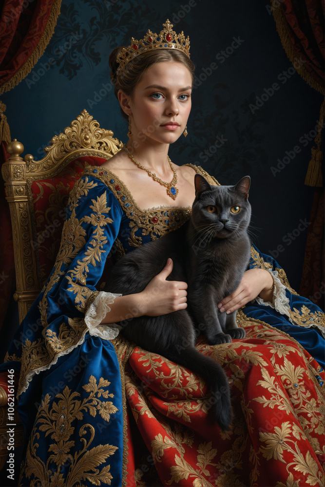 Renaissance-style portrait of a queen in royal attire sitting on the ...