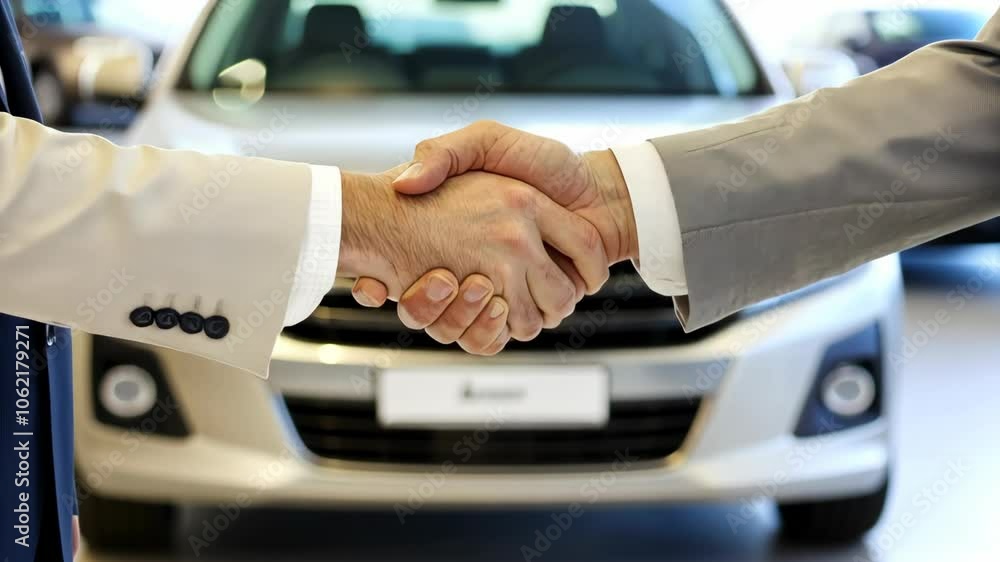 Two people shake hands in front of a car, signifying a successful car ...