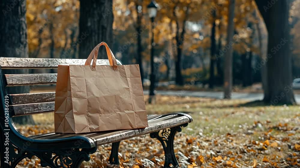 A brown paper bag sits on a wooden park bench surrounded by fallen ...