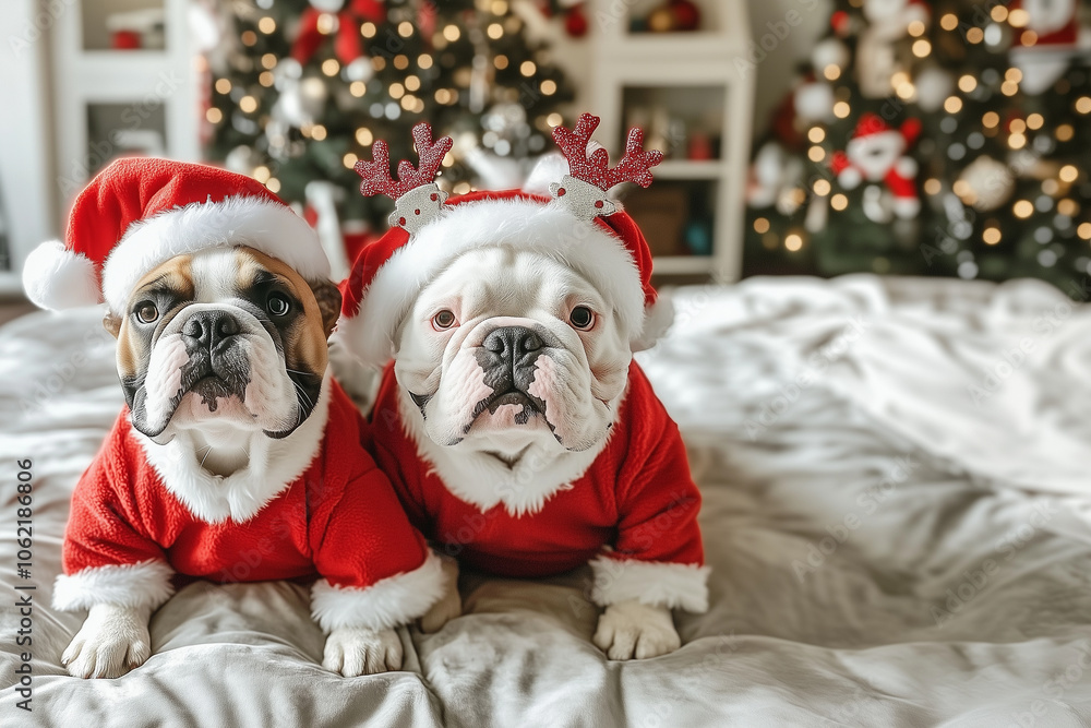 dog dressed up as santa and rudolph english bulldogs dressed up as santa and rudolph Stock Photo ...
