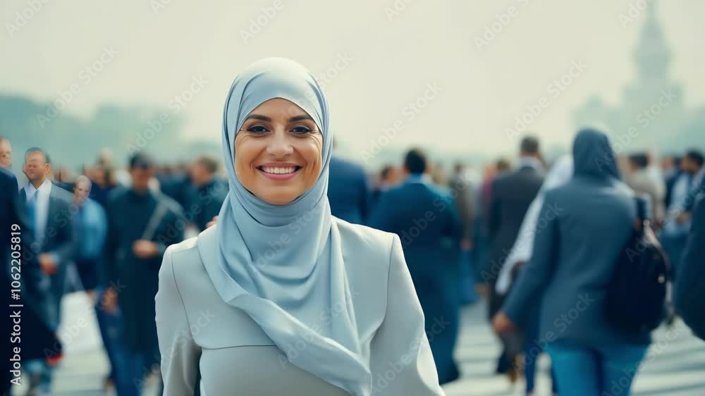 Young smiling Muslim woman in light blue hijab walking through bustling ...