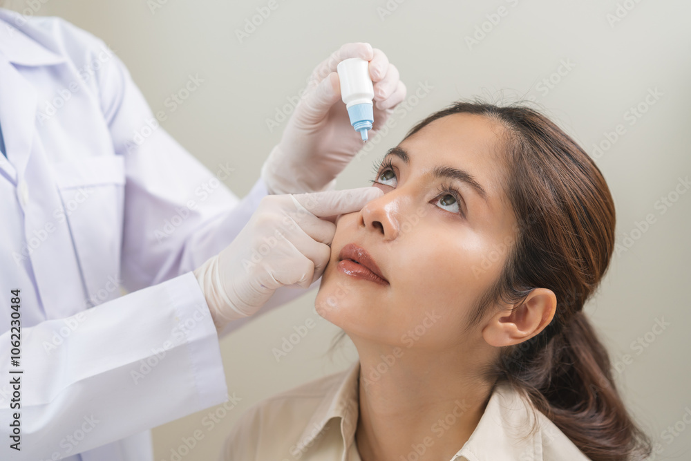 Health care concept, eye doctor eye drops to asian young woman patient ...