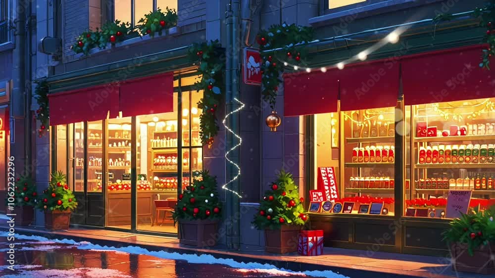 Festively decorated storefronts along a winter street adorned with ...