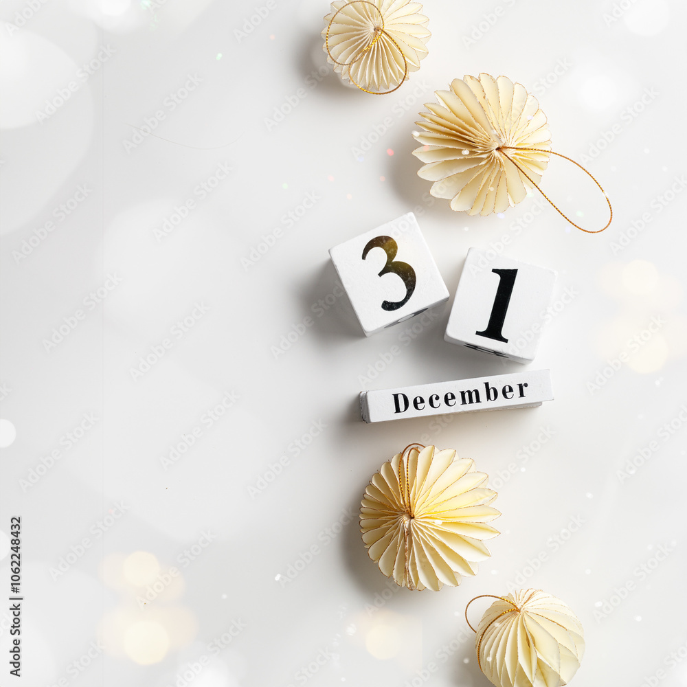 Minimal winter seasonal top view paper festive ornaments beige balls ...