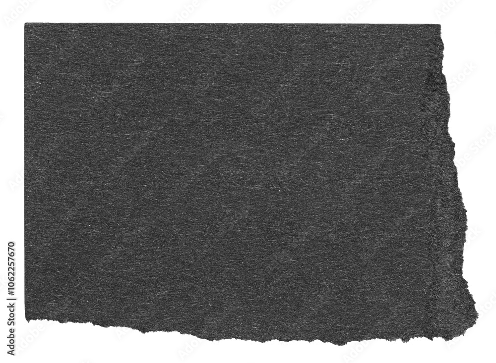 Isolated cut out torn piece of blank black paper note cardboard with ...