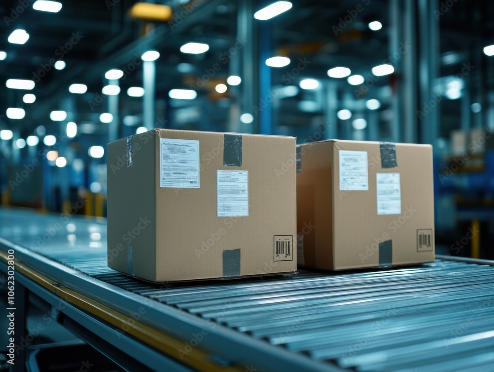 Cardboard boxes on a trolley in a logistics and distribution center ...