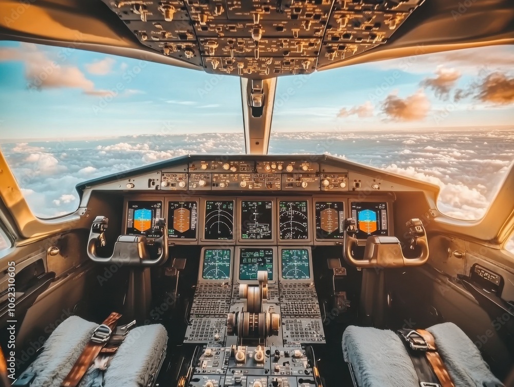 A detailed view of a modern airplane cockpit with advanced controls and ...