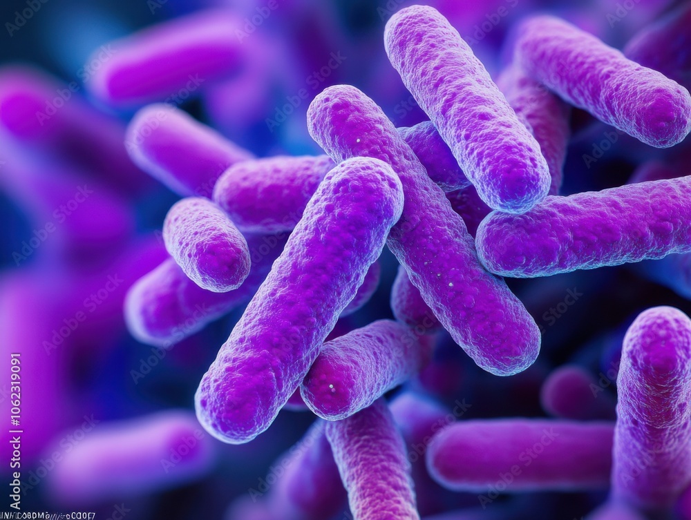 The image shows a close-up view of probiotics in purple and blue hues, illustrating microscopic ...