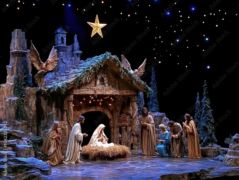 A beautiful nativity scene depicting the birth of Jesus, featuring Mary ...