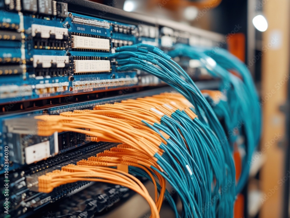 A server room with neatly organized internet cables connected to ...