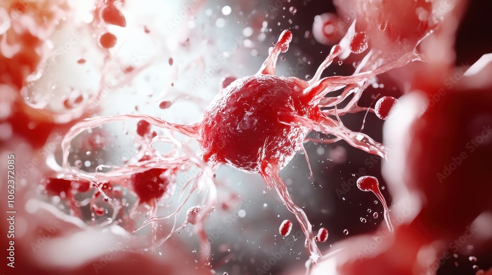 This vibrant image displays a close-up of red organic cell shapes, with ...