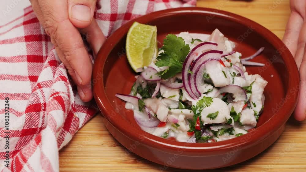 Cooking fish Peruvian ceviche close-up. Fresh cooked ceviche made of ...