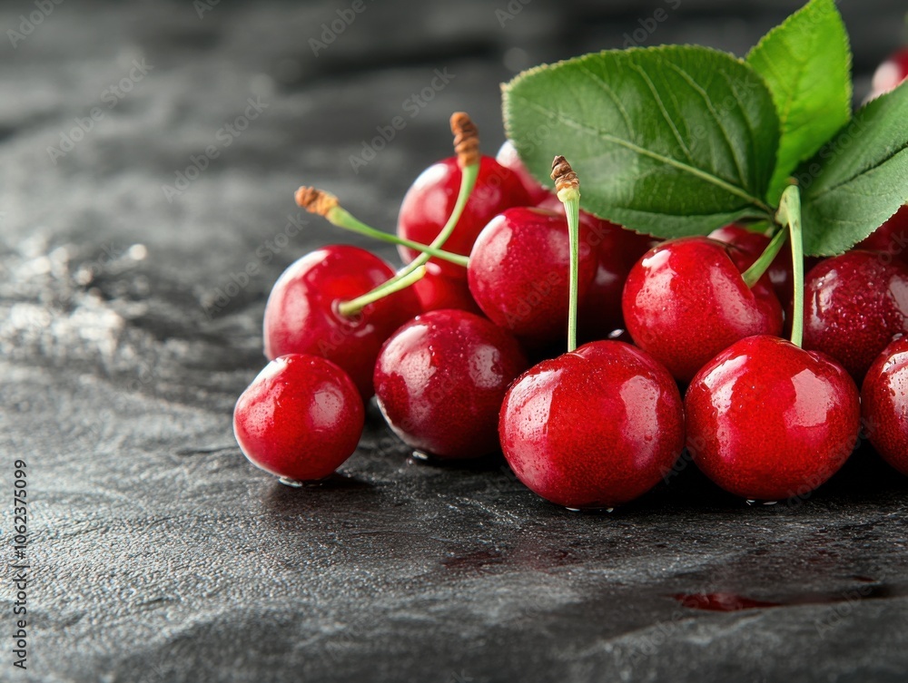 Fresh sour cherries with green leaves are displayed on a dark stone ...
