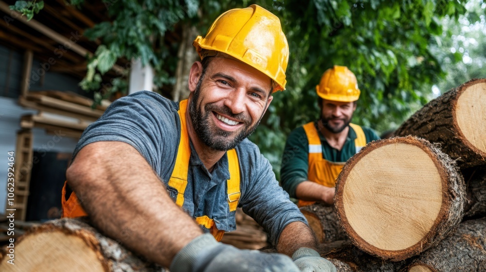 Two lumberjacks are happily working in a forest, engaging in log ...