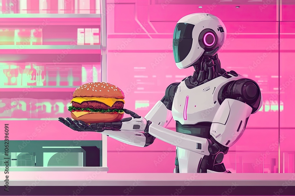 A humanoid robot presents a burger in a bright, futuristic cafe. role ...