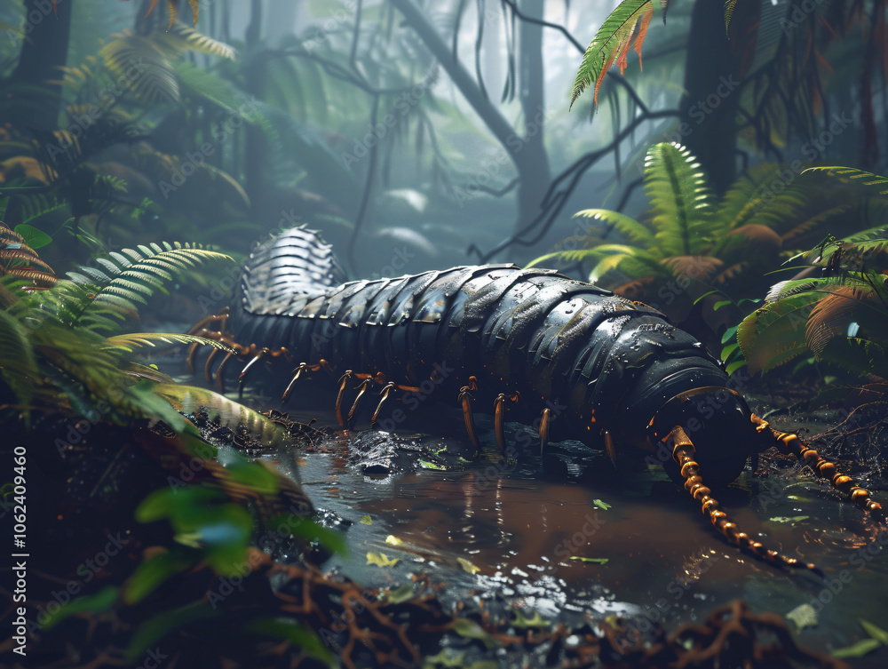 Arthropleura, a giant millipede-like creature, crawling across a dense ...