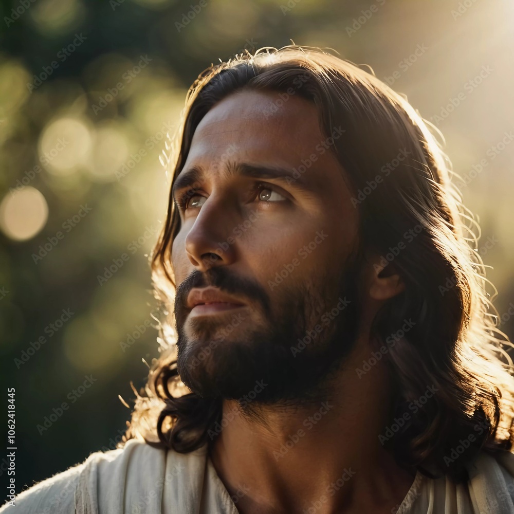Portrait of a Man Dressed as Jesus. White robe. Long brown hair and ...