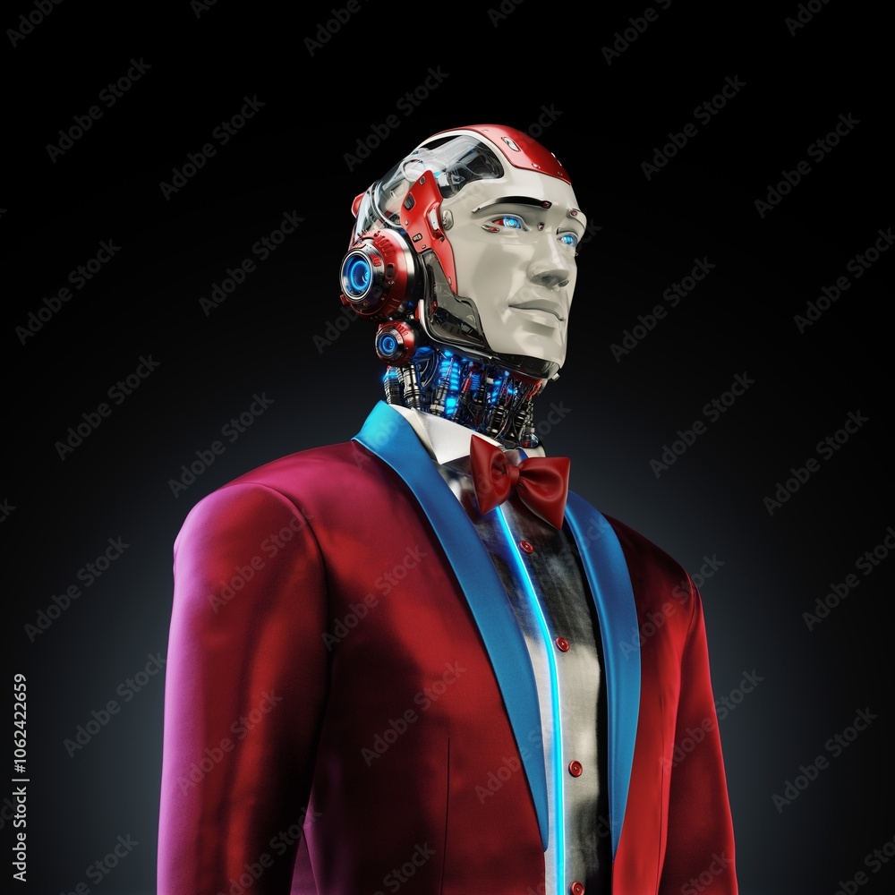 Futuristic robot in an elegant red suit with bow tie, showcasing ...