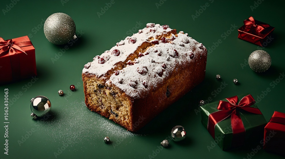 Festive Panettone loaf dusted with powdered sugar on a deep green ...