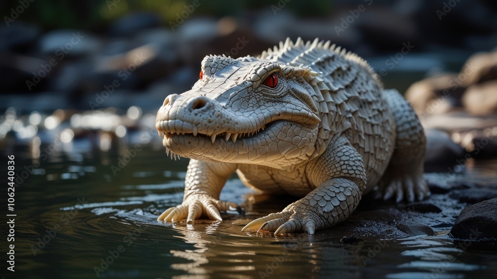 a rare albino crocodile, its pale skin contrasting sharply with the ...