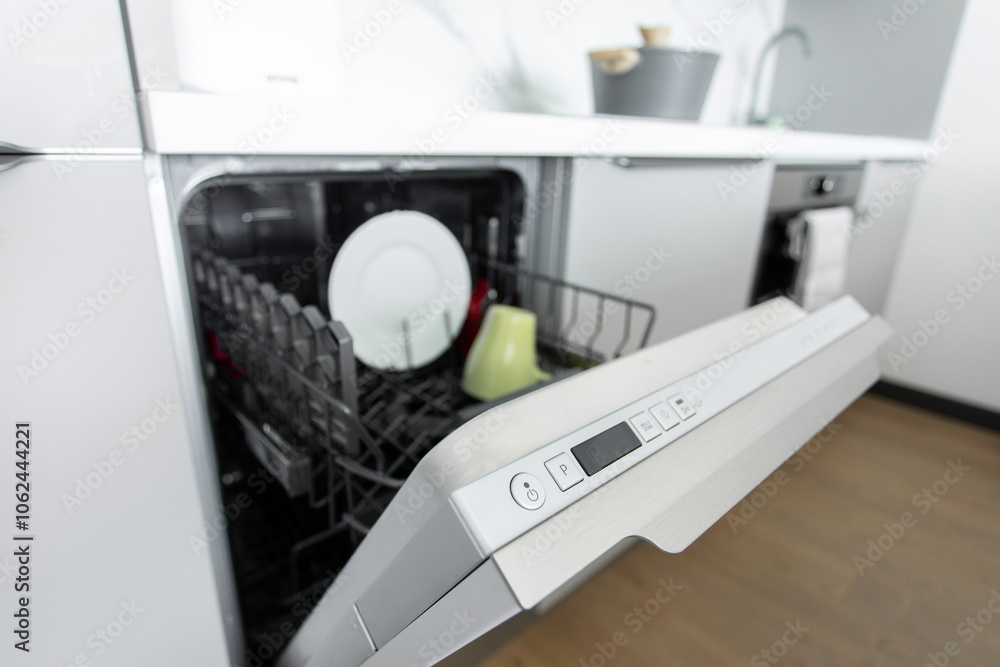 Dishwasher drawers are filled with plates and mugs. Modern kitchen with ...