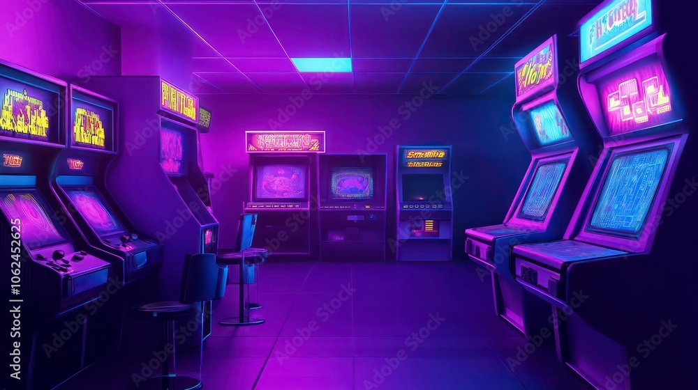 80s video game scene in purple and blue neon colors, three dimensional ...