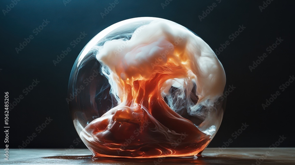 Inside a transparent sphere, dramatic fire swirls combined with smoky ...