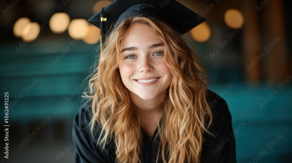 A young graduate beams with joy in her cap and gown, the focus is on ...