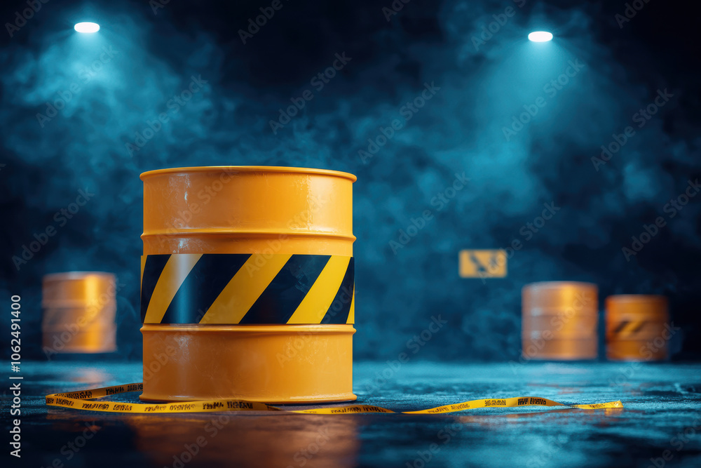Radioactive waste drums in isolated area with safety tape, highlighting ...