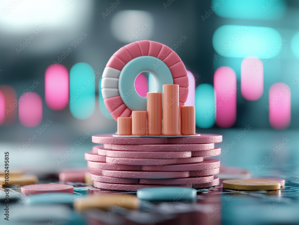 3D model of financial growth with colorful charts and tokens ...