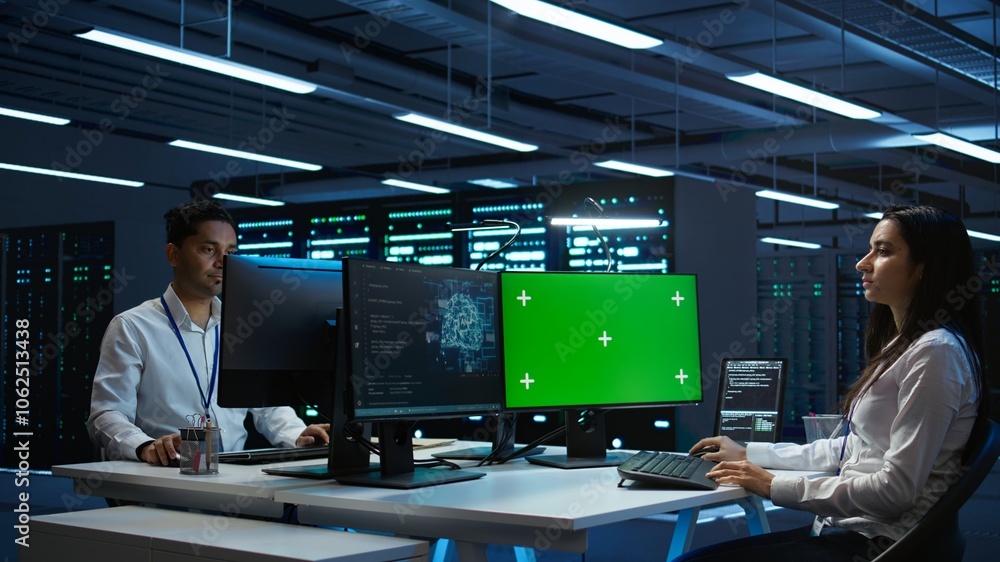 Technician doing checkup on green screen server hub PC to optimize it for data processing ...