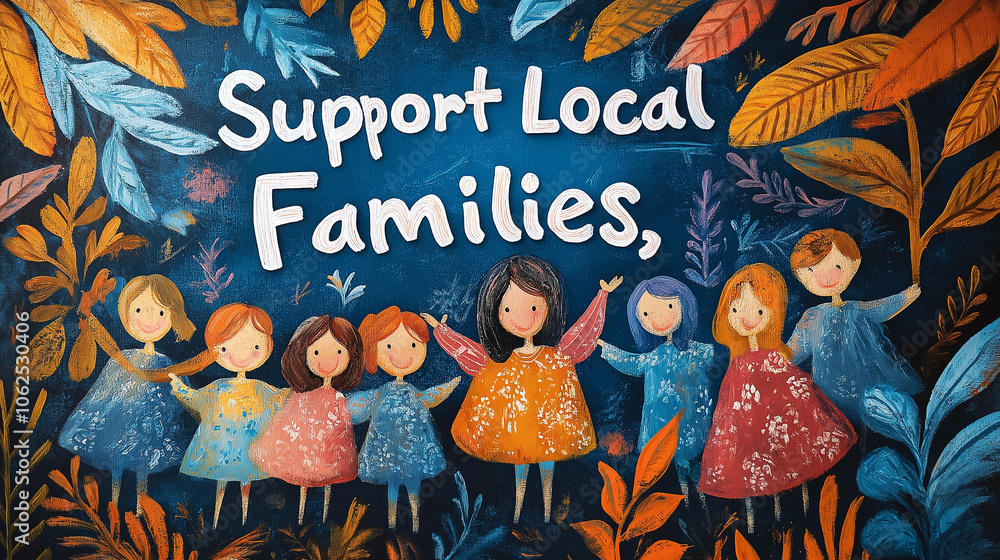 Colorful poster with images of community members and text like "Support ...