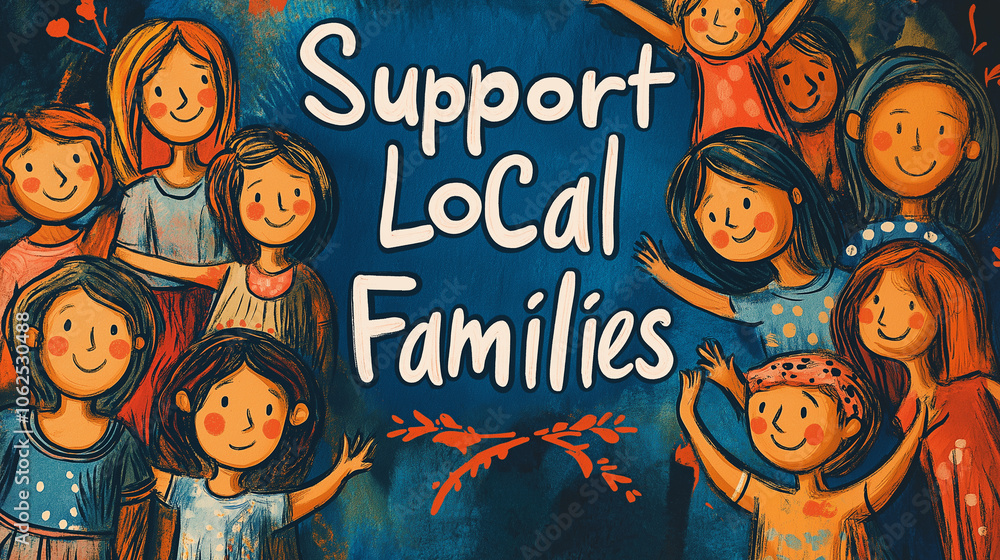 Colorful poster with images of community members and text like "Support ...