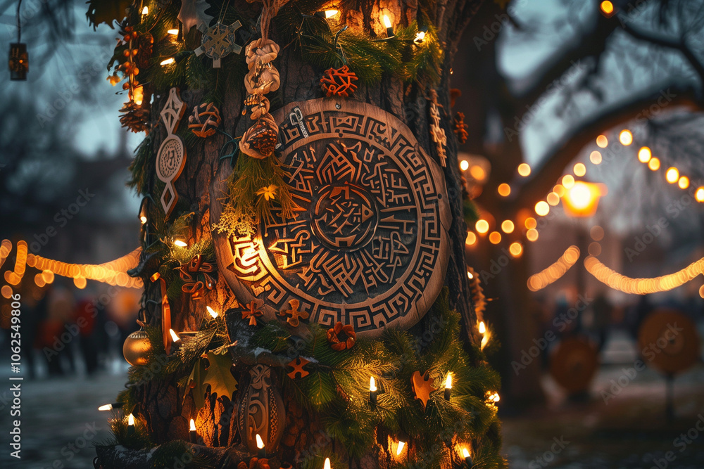 Yule Tree Decorated with Viking Runes and Lights Symbolizing Pagan ...