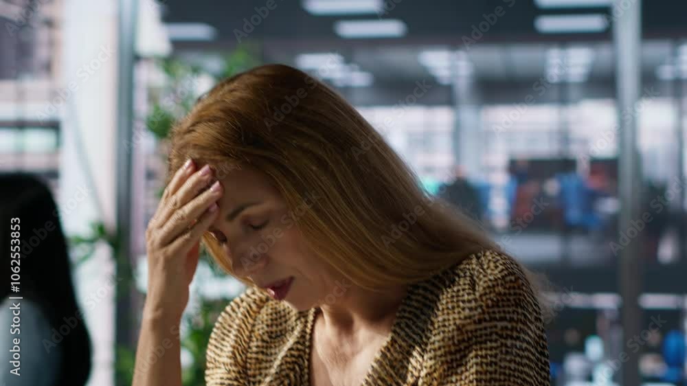 Tired businesswoman showing signs of burnout at her desk, feeling ...