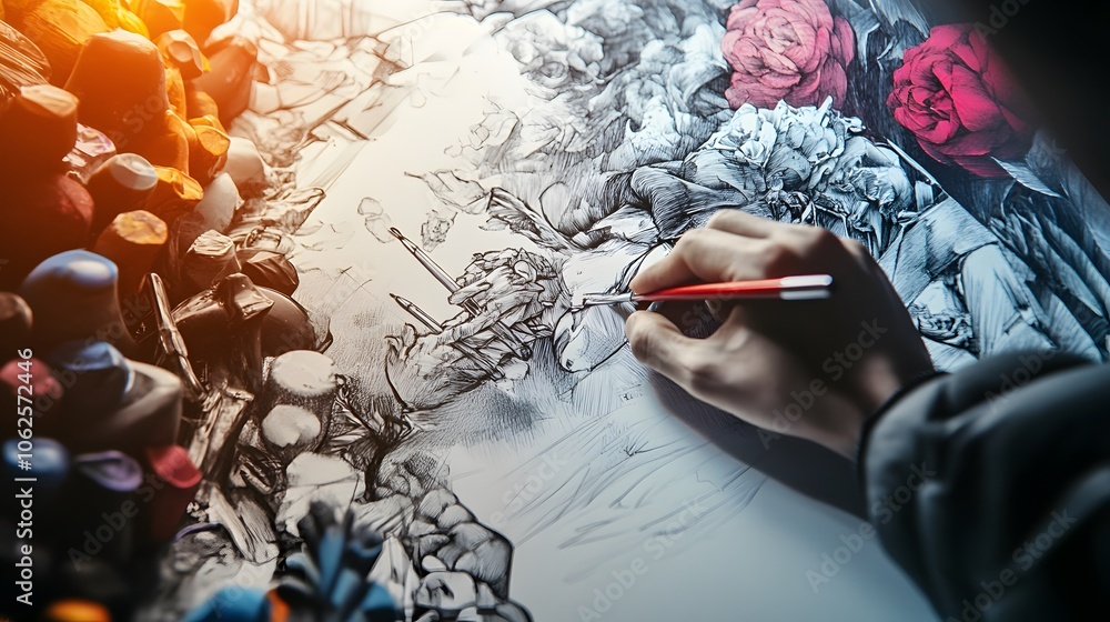 Lifestyle photo of an artist sketching 2D line art on a canvas with 3D ...